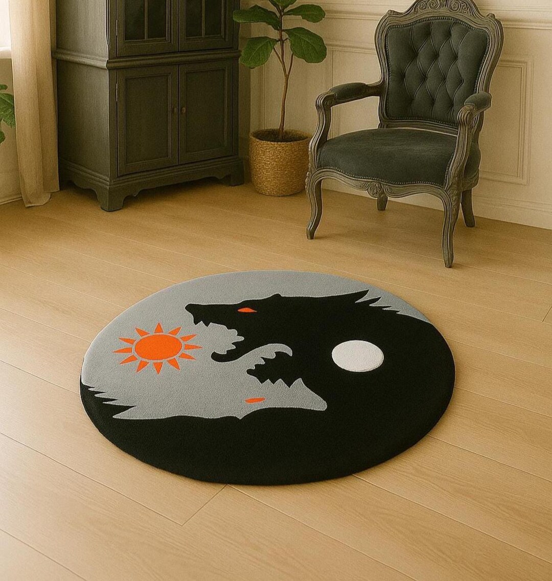 Yin Yang Wolf Tufted Rug – Custom Round Rug for Gothic Bedroom Wall ...