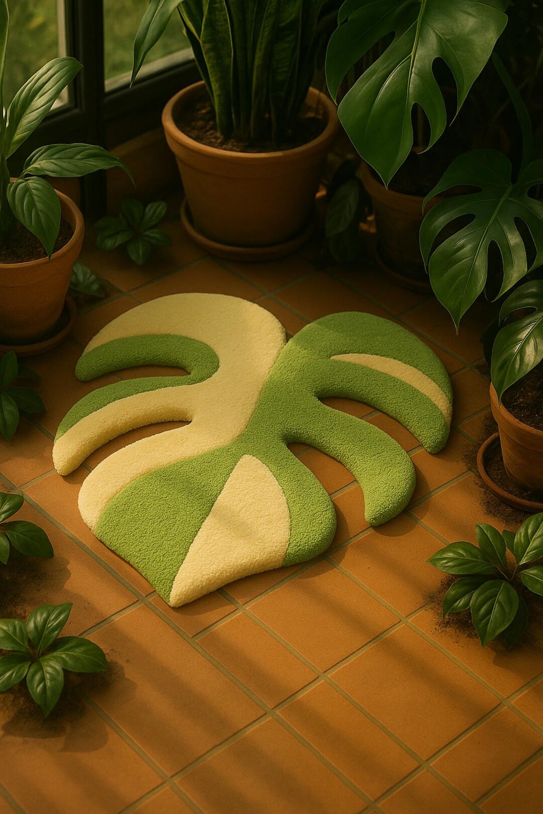 Variegated Monstera Rug – Handmade Tufted Green & Cream Leaf Carpet ...
