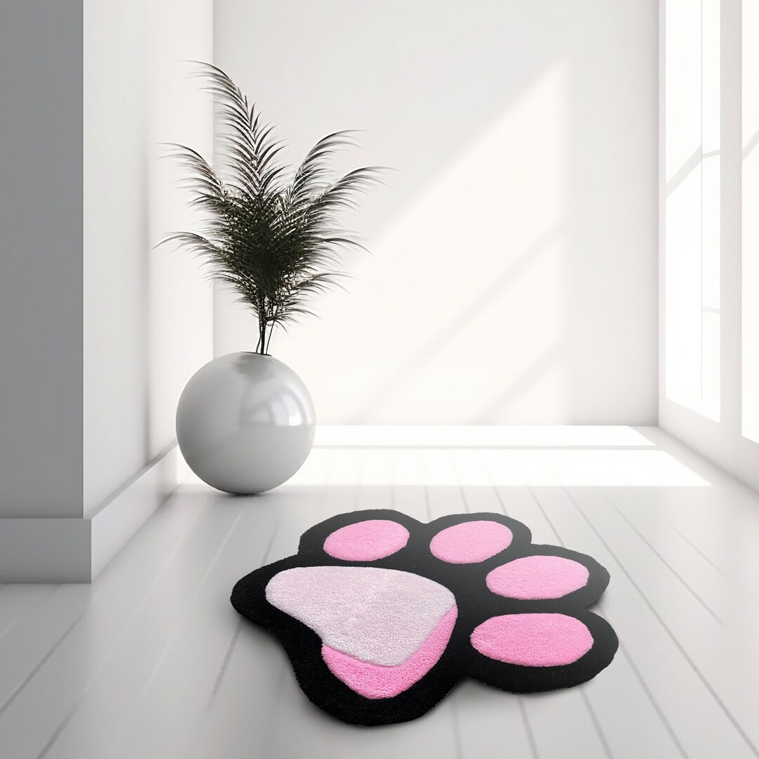 Handmade Pink Tufted Rug With Paw Prints Original Gift for Home Decor ...