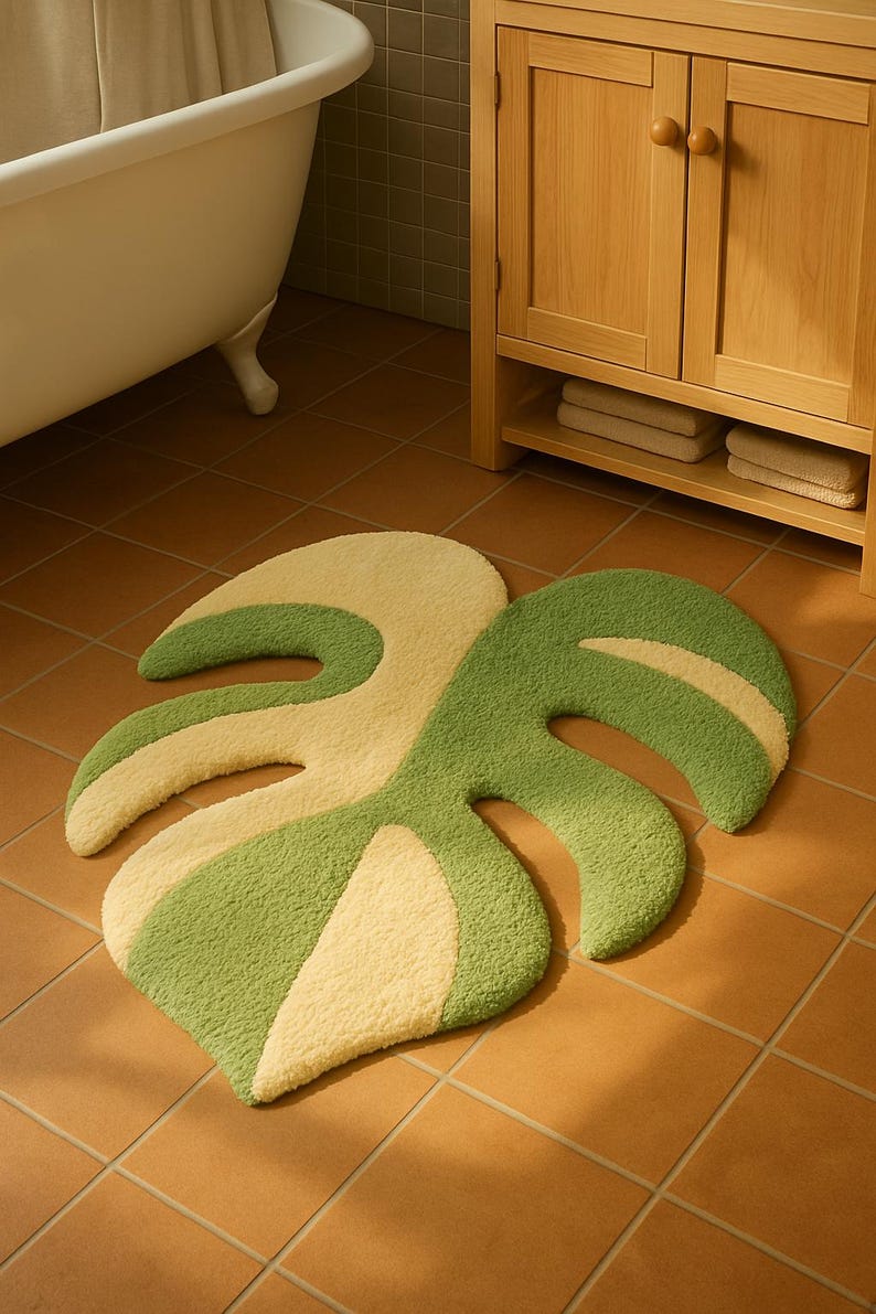 Variegated Monstera Rug – Handmade Tufted Green & Cream Leaf Carpet ...