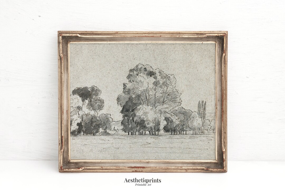 Muted Groove of Trees Landscape Art Print , Vintage Nature Sketch Work ...