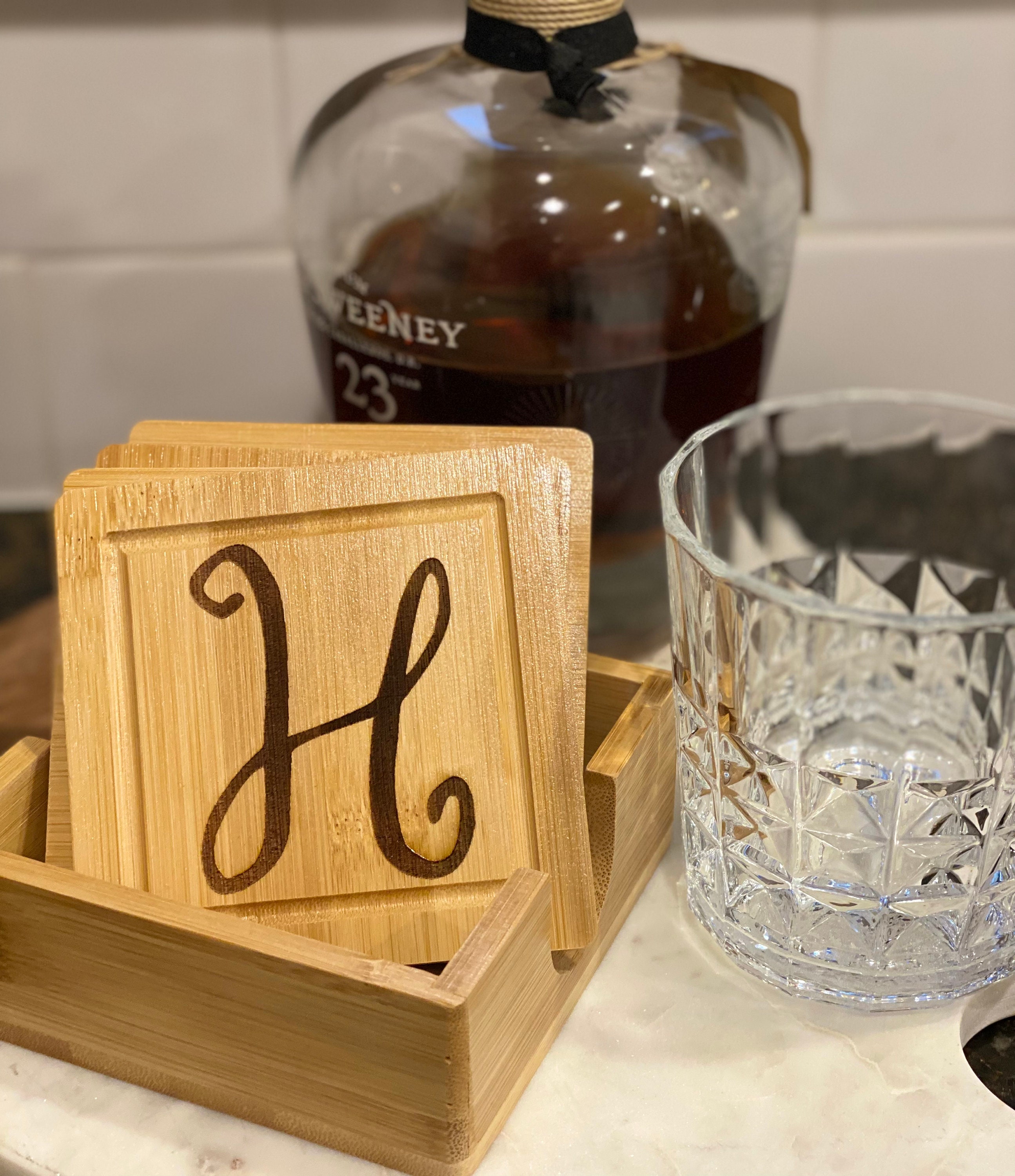 Custom Bamboo Coasters- Set of 4 With Holder. Perfect Housewarming Gift ...