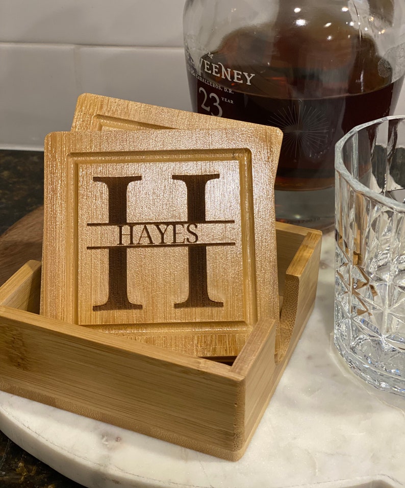 Custom Bamboo Coasters- Set of 4 With Holder. Perfect Housewarming Gift ...