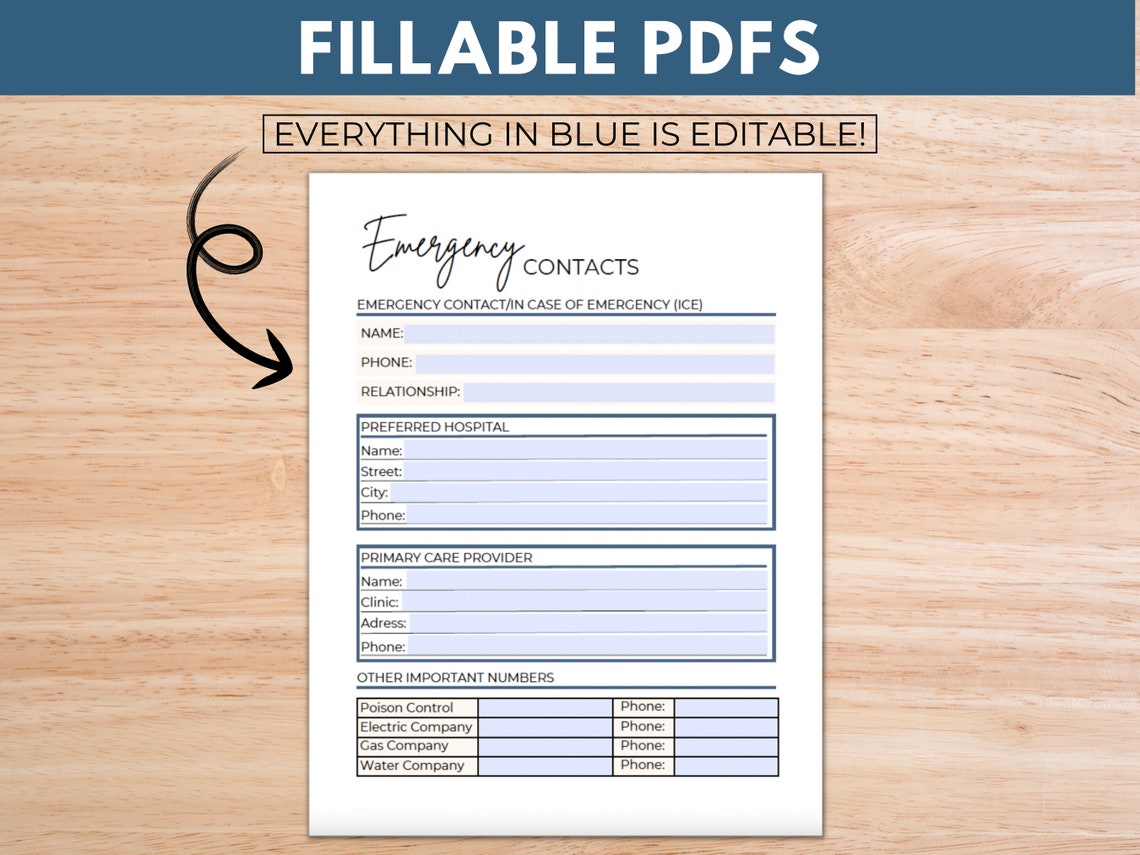 Printable Emergency Contact List, Fillable PDF - Etsy