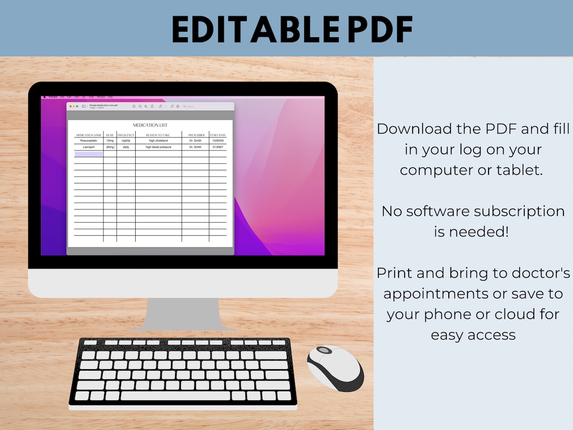 Medication List, Printable, Fillable PDF - Etsy