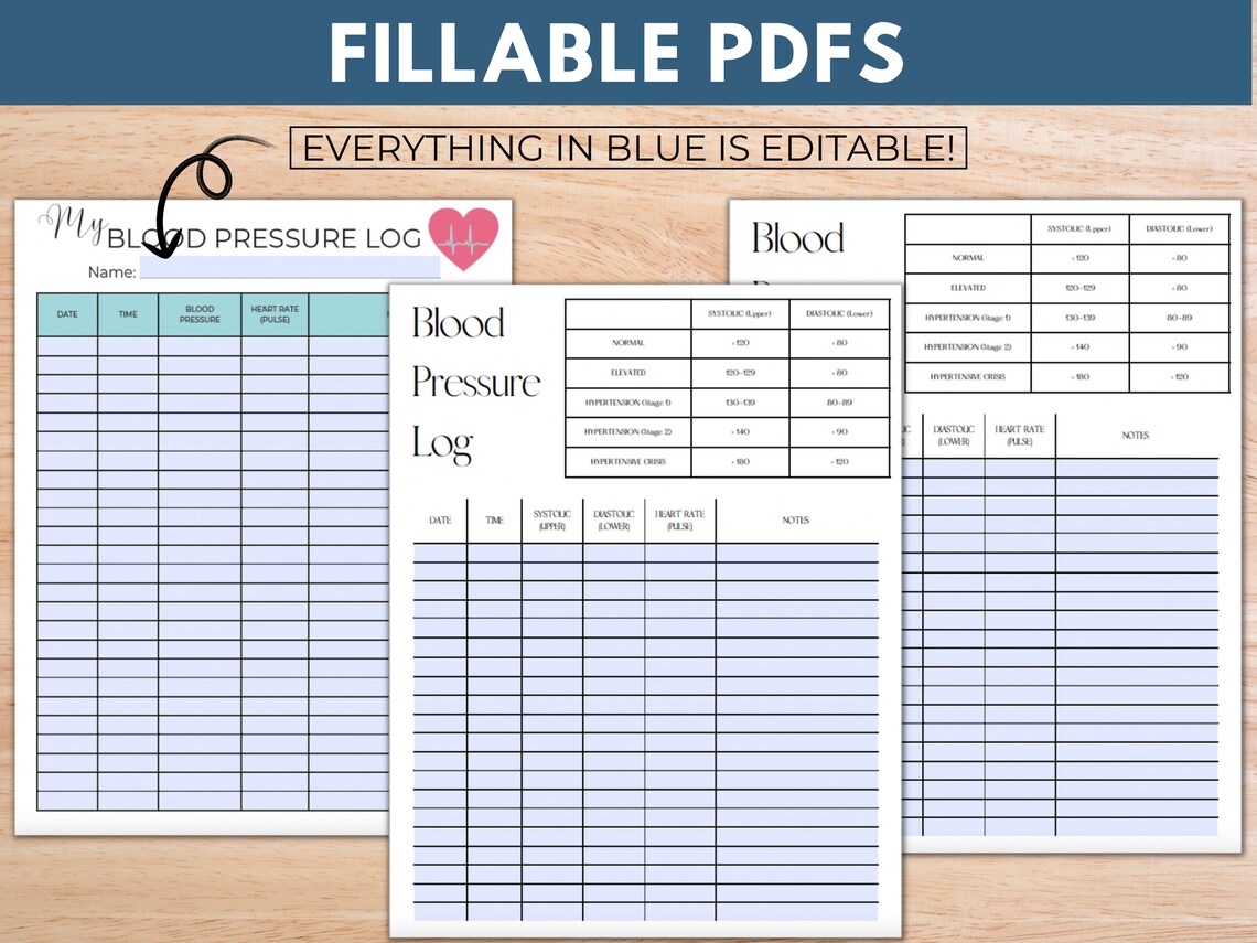 Printable Blood Pressure Log, Blood Pressure Tracker, Fillable PDF - Etsy