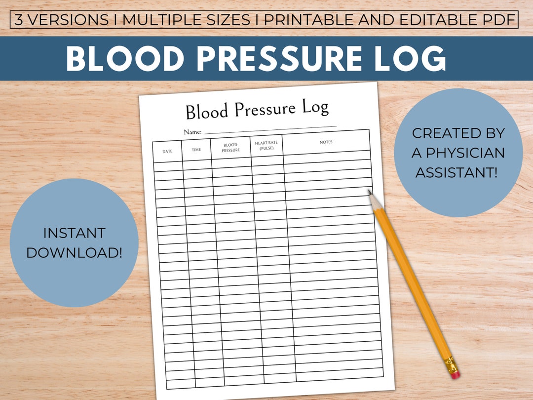 Printable Blood Pressure Log, Blood Pressure Tracker, Fillable PDF - Etsy
