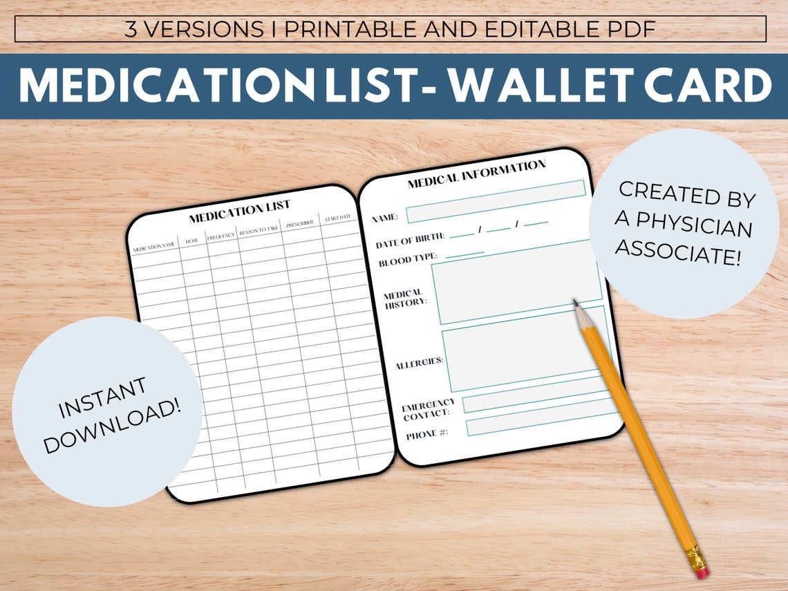 Medication List Wallet Card With Emergency Contact and Medical ...