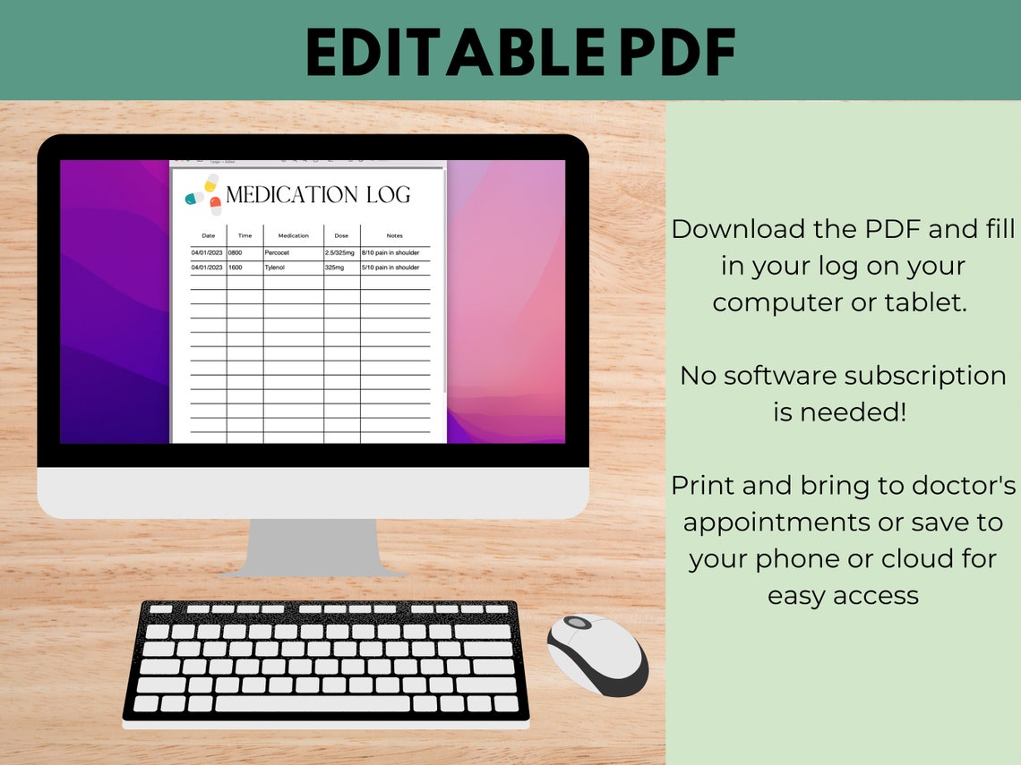 Medication Log, Printable Medication Log, Editable PDF, Digital ...
