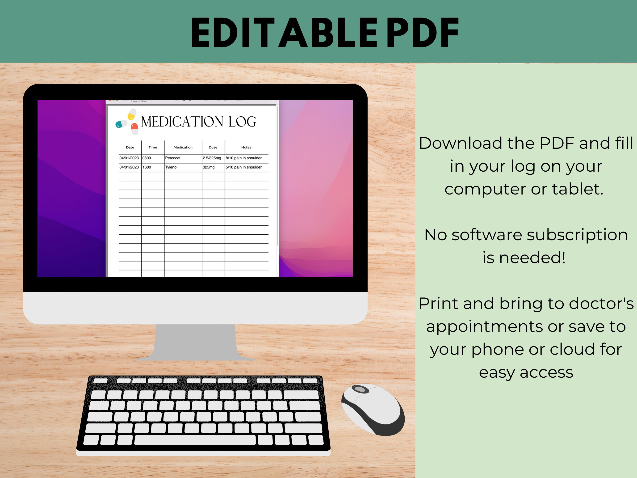 Medication Log, Printable Medication Log, Editable PDF, Digital ...