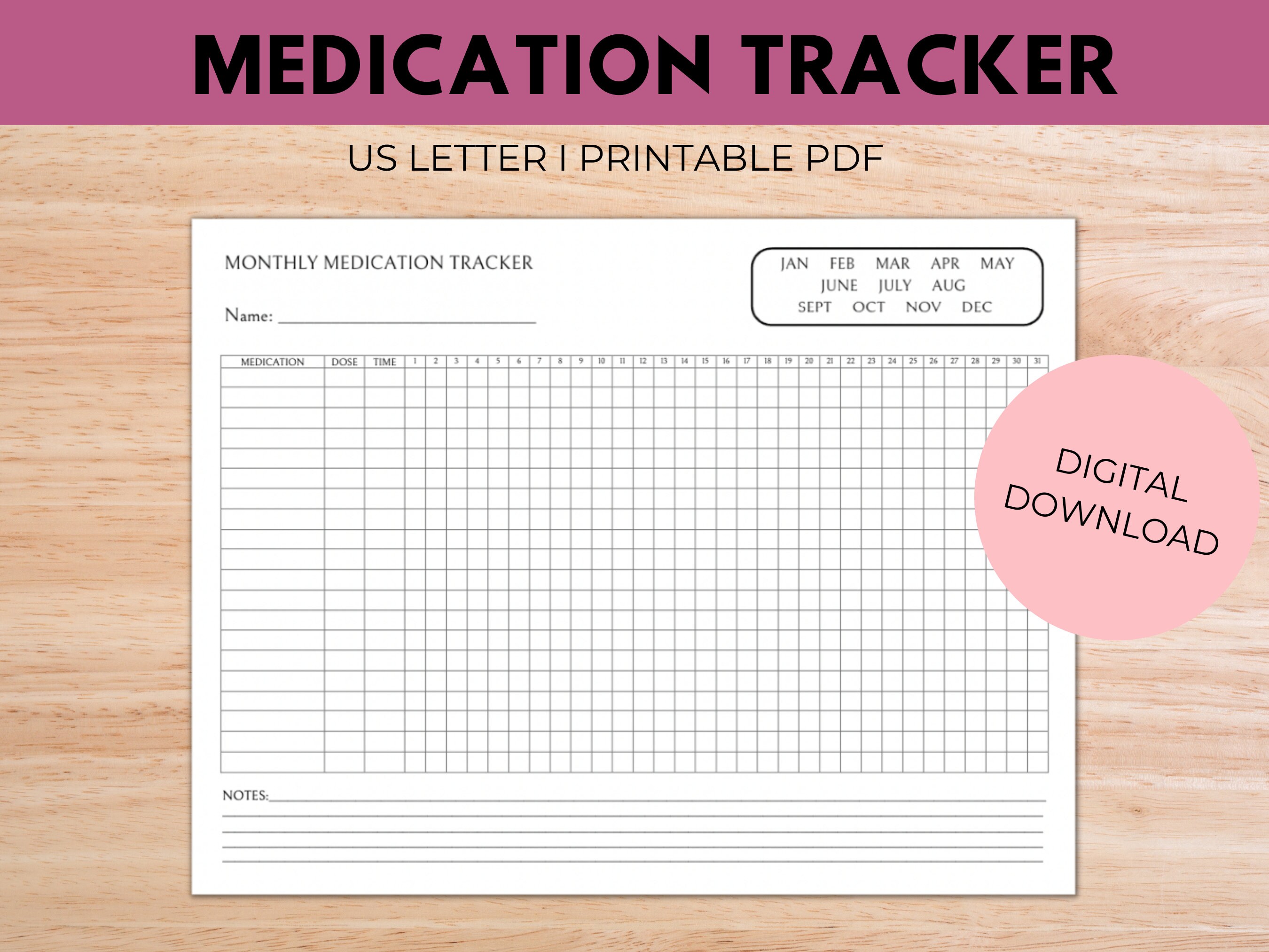 Monthly Medication Tacker, Printable Medication Tracker, Digital ...