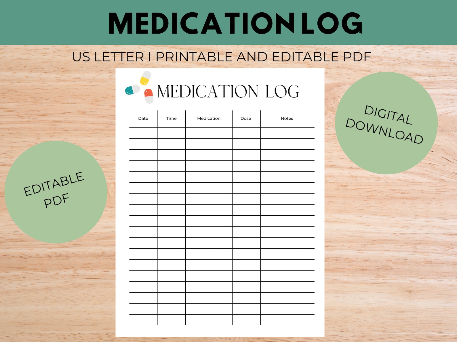 Medication Log, Printable Medication Log, Editable PDF, Digital ...