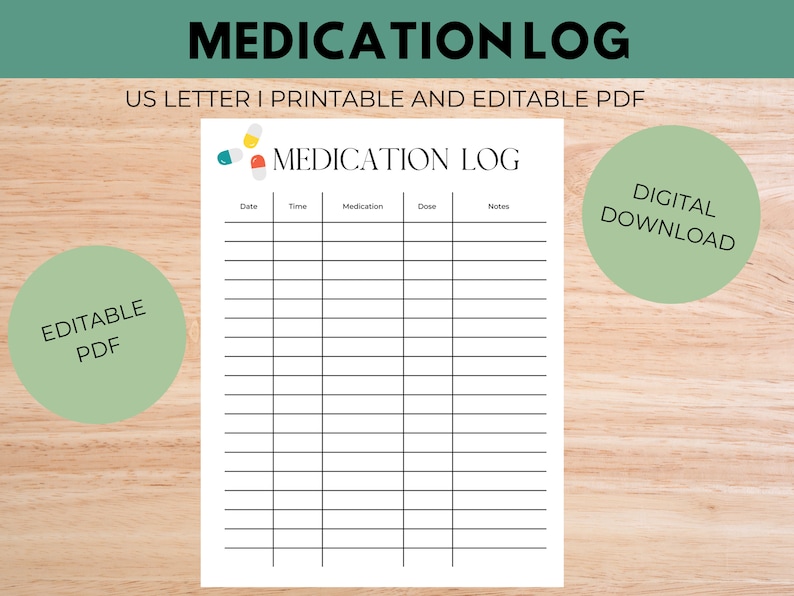 Medication Log, Printable Medication Log, Editable PDF, Digital ...
