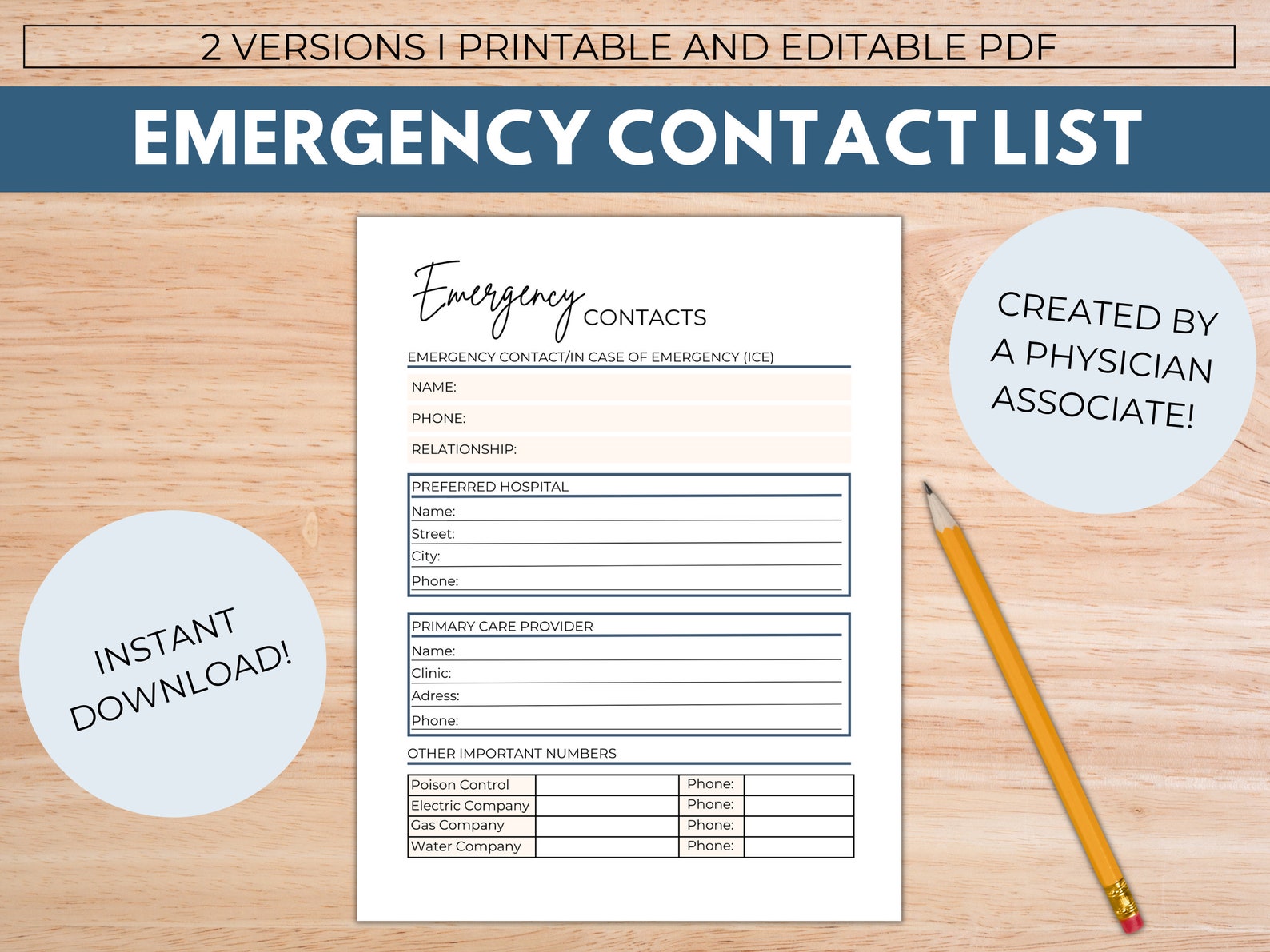 Printable Emergency Contact List, Fillable PDF - Etsy