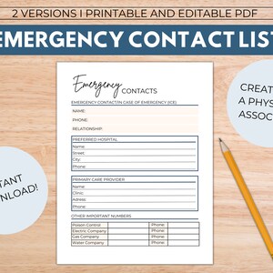 Printable Emergency Contact List, Fillable PDF - Etsy