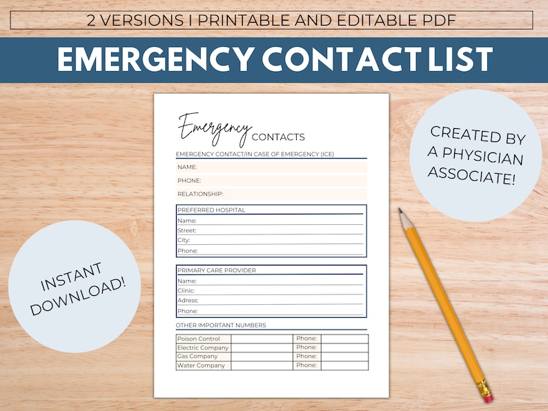 Printable Emergency Contact List, Fillable PDF - Etsy
