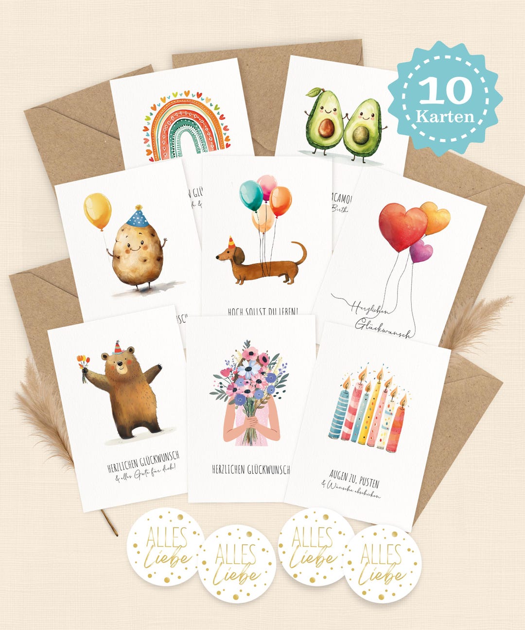 Birthday Cards, Set of 10 With Envelopes & Stickers - Happy Birthday ...