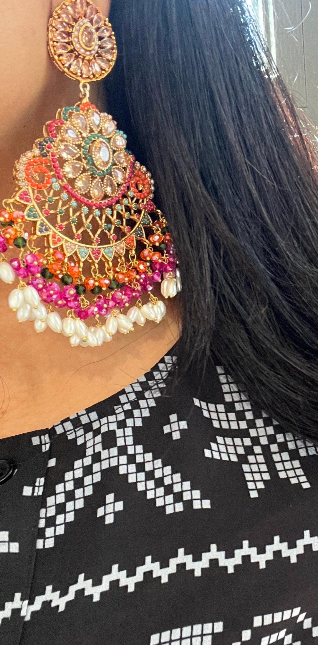 Nauratan Bridal Earrings, Multi Colored Pearl Earrings, Rani Haar ...