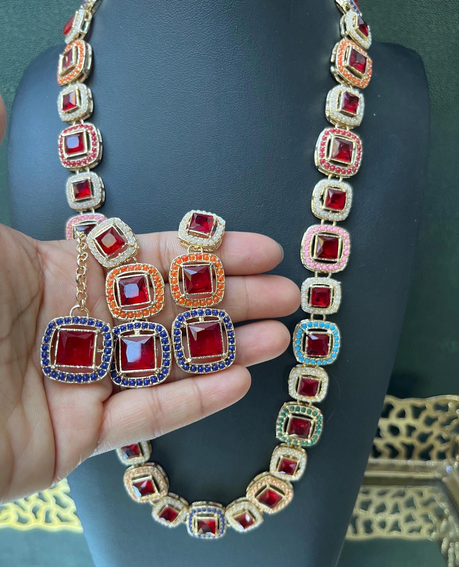 Multi Colored Long Necklace Set With Earrings and Tika. Pakistani Mala ...
