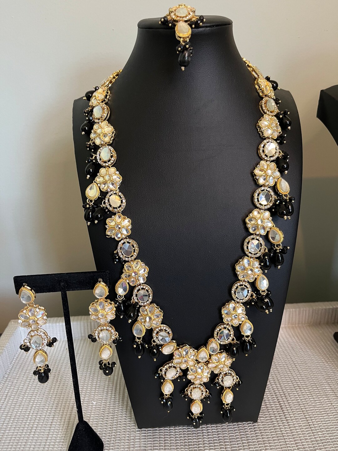 Sheesha Kundan Designer Mala Set. Mirror Work Long Necklace Set. Silver ...