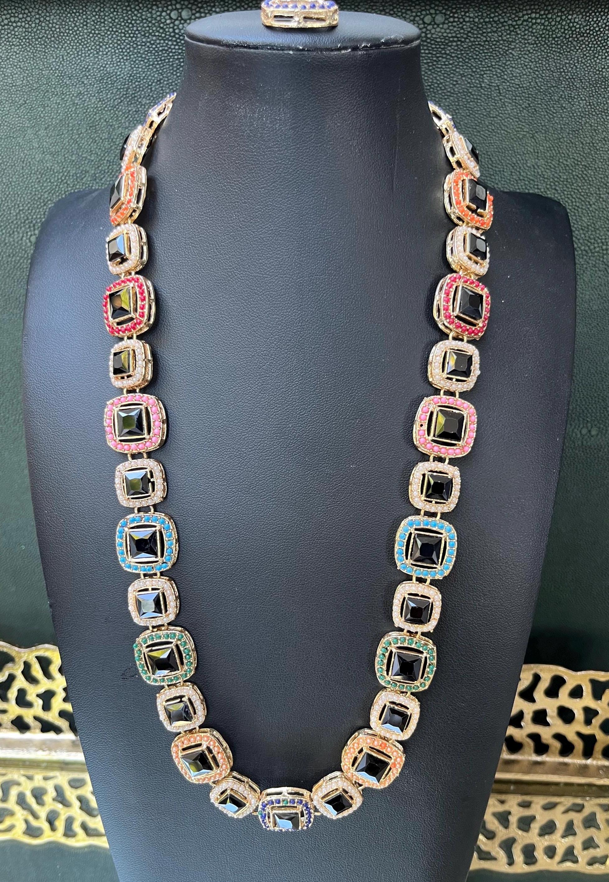 Multi Colored Long Necklace Set With Earrings and Tika. Pakistani Mala ...