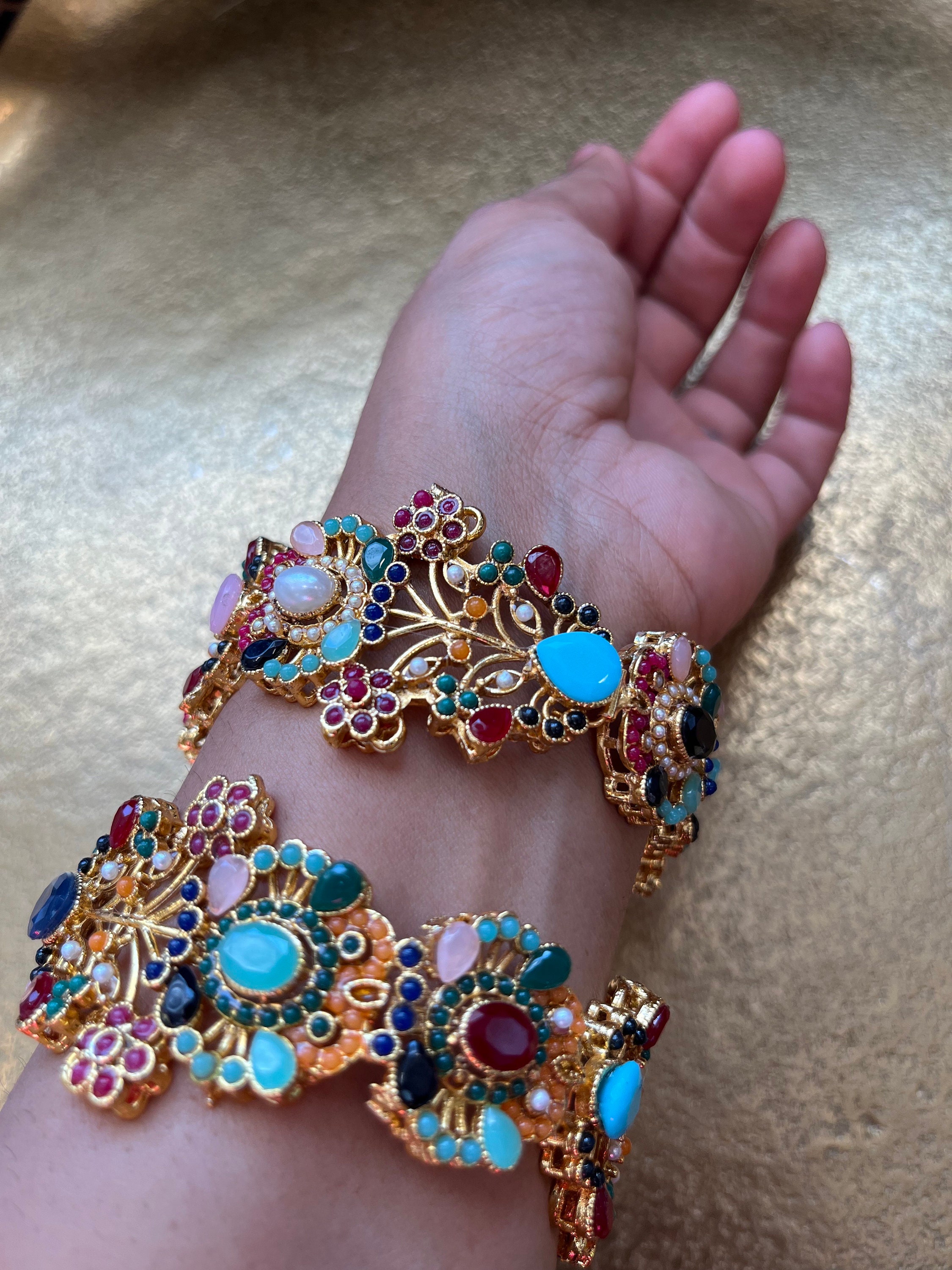 Navratan Hyderabadi Kara, Nauratan Bracelet, Nauratan Bangel, Statement Trendy Cuffs, Navratan ...