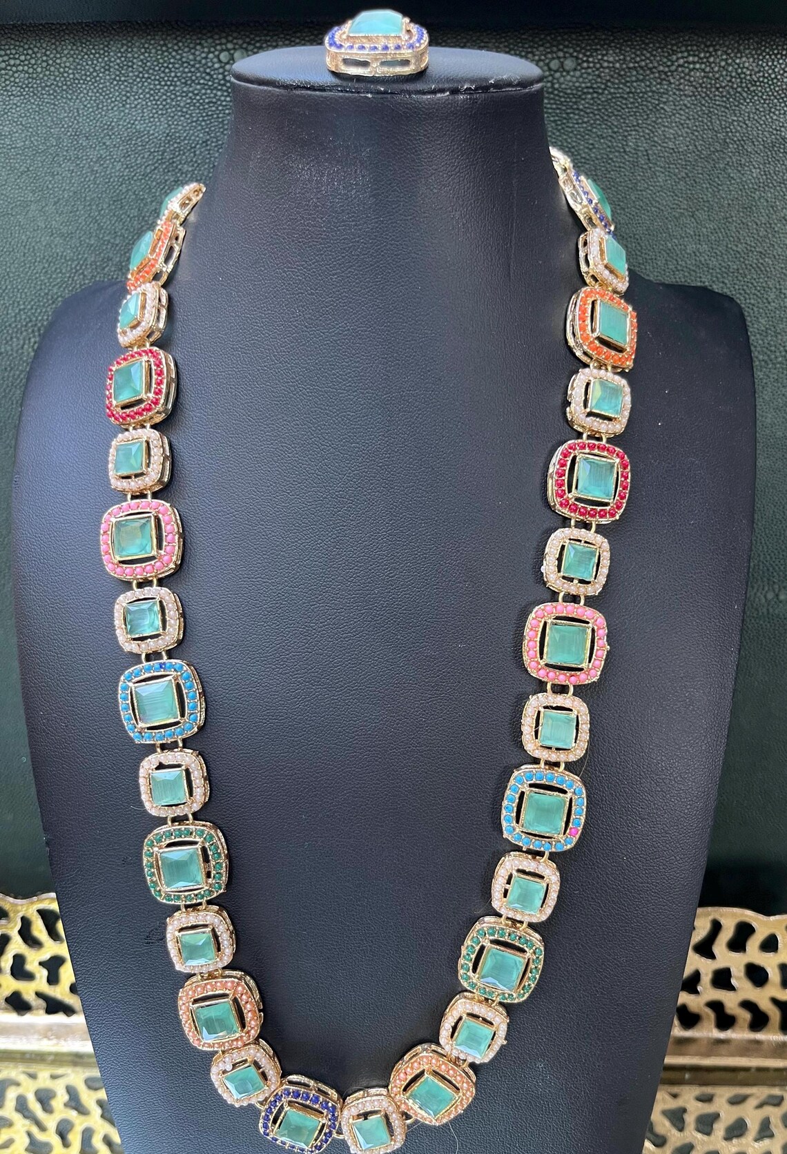 Multi Colored Long Necklace Set With Earrings and Tika. Pakistani Mala ...