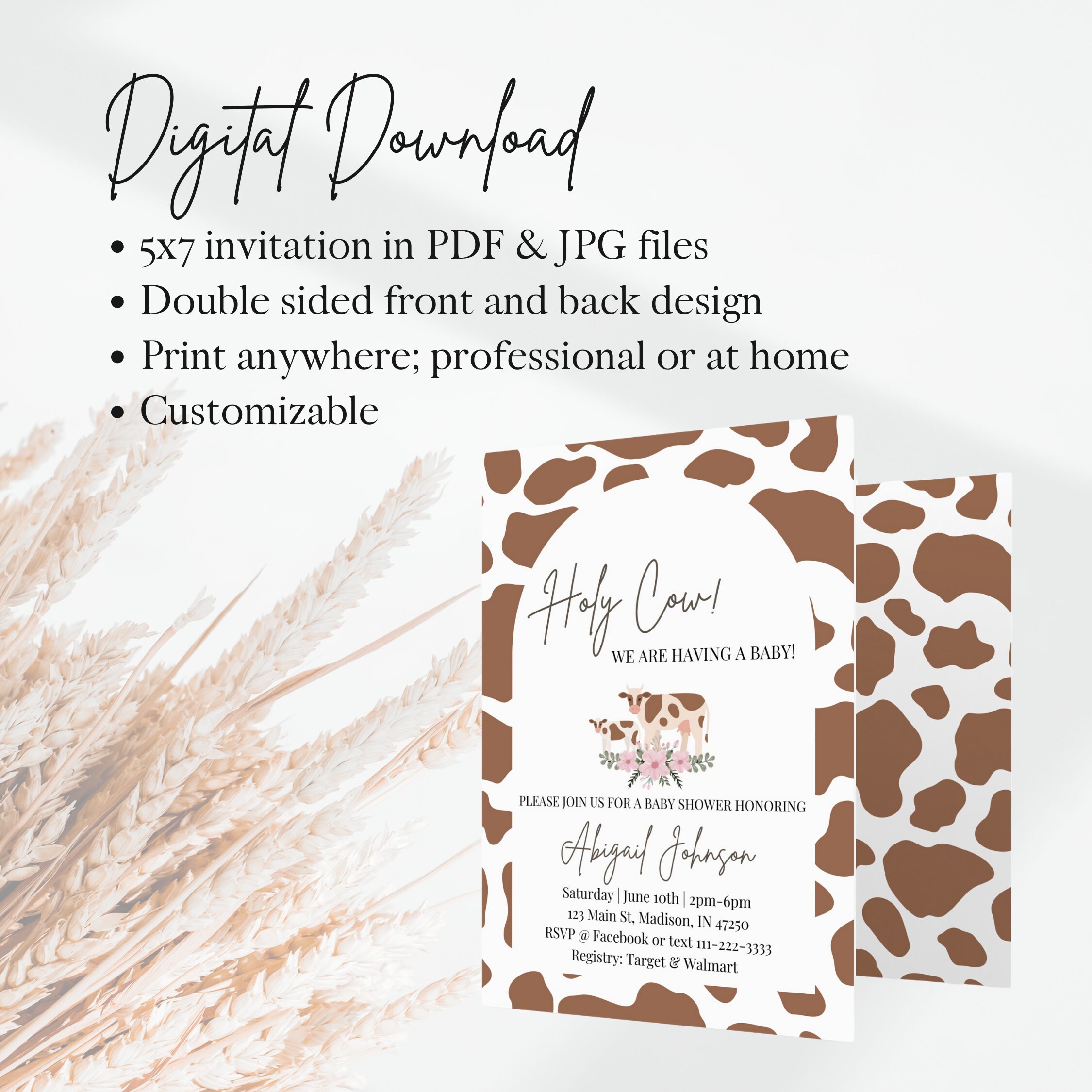 Holy Cow Baby Shower Invitation, 5X7 Digital Download, Cow Print ...