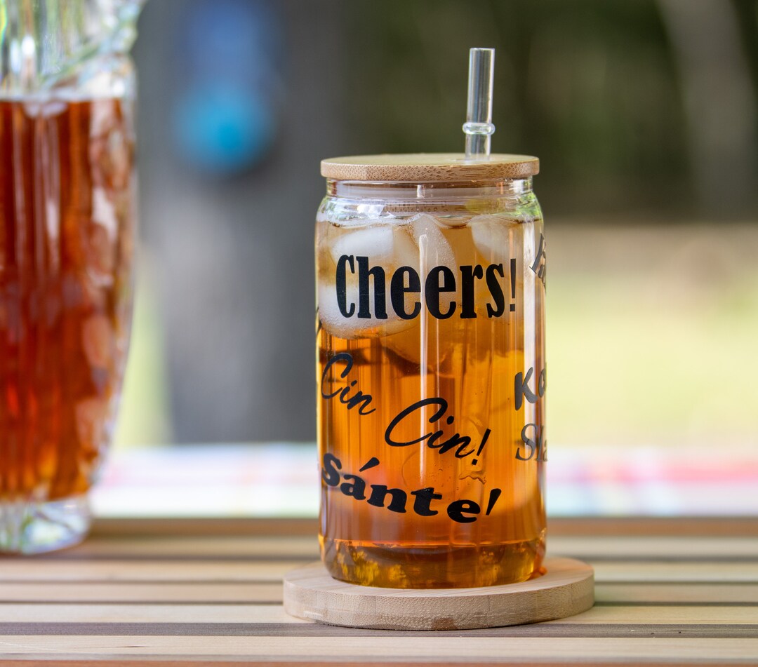 Can Glass CHEERS W/lid Straw Coaster or Serving Tray With - Etsy