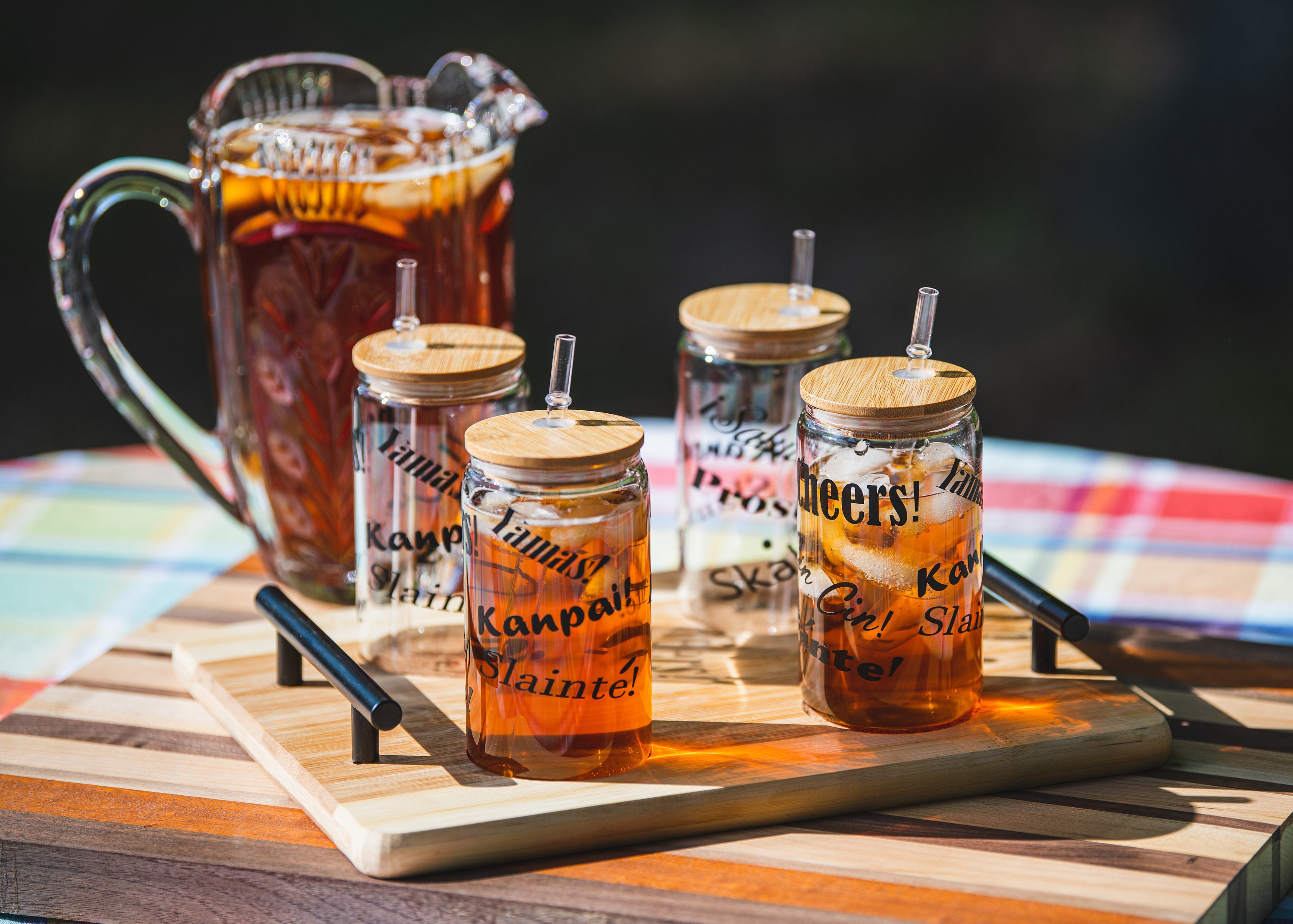Can Glass CHEERS W/lid Straw Coaster or Serving Tray With - Etsy