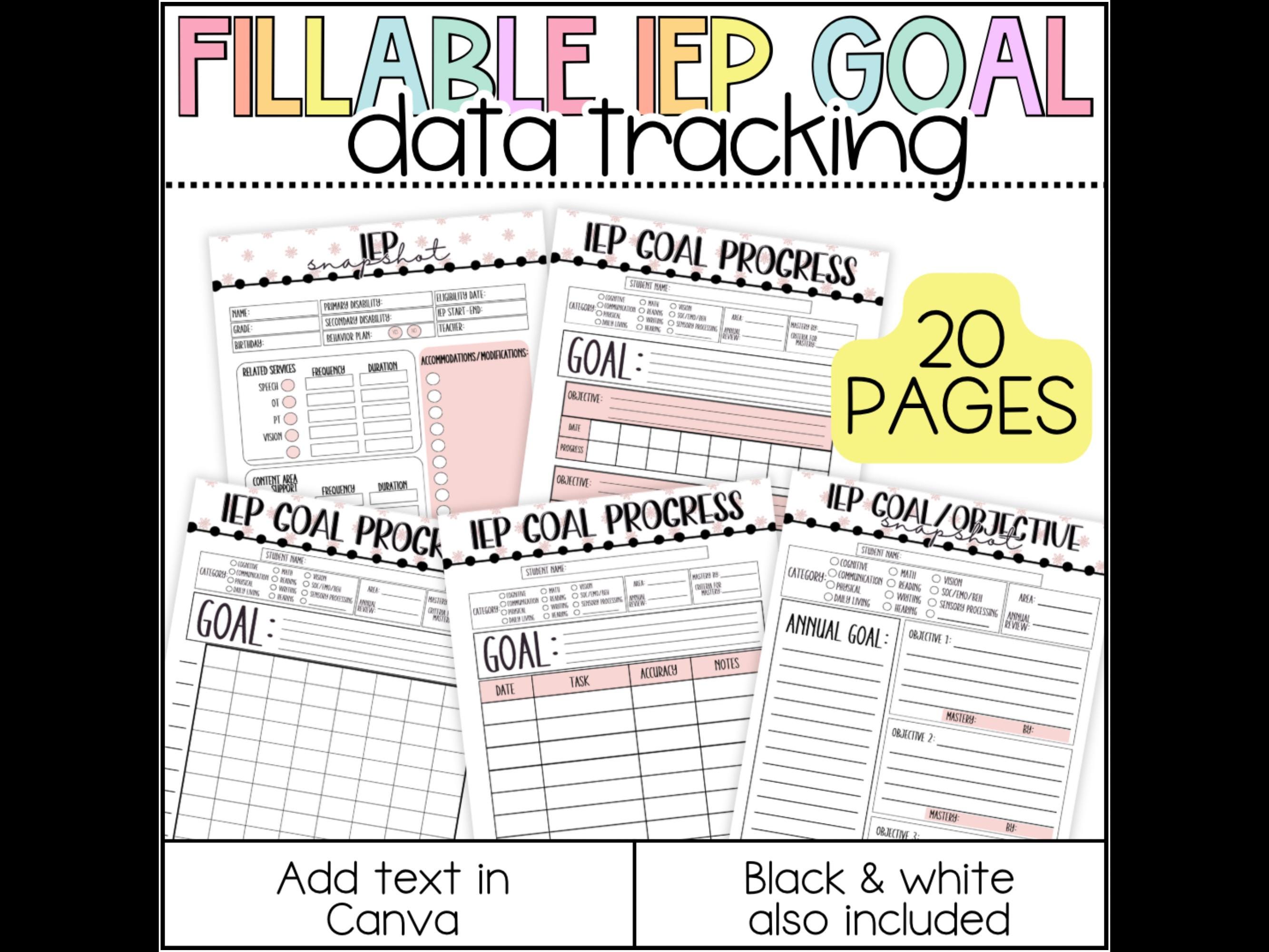 FILLABLE IEP Goal Data Trackers, Caseload Management, Special Education ...