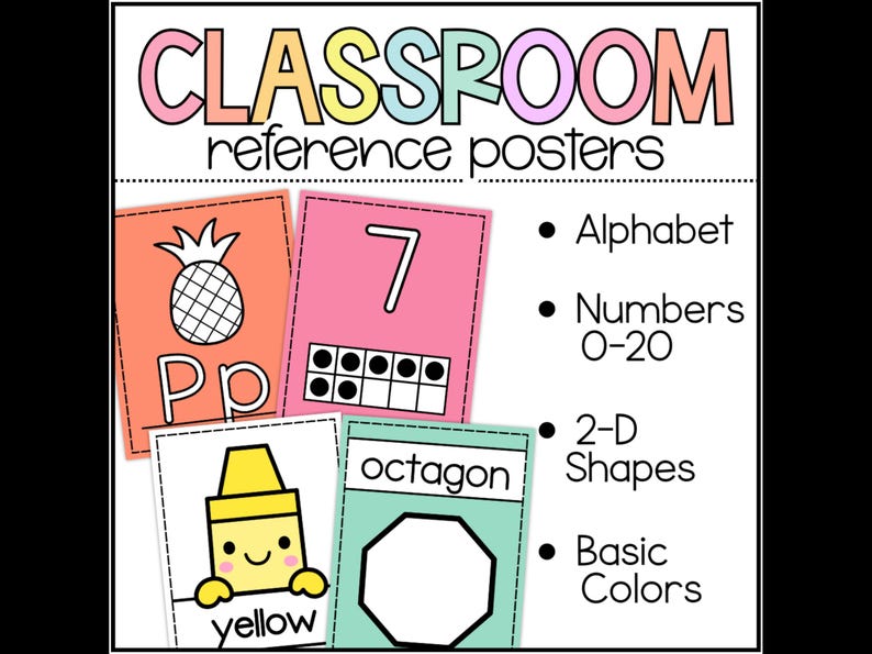 Bright Classroom Decor Reference Posters, Alphabet, Numbers, Colors, 2D ...