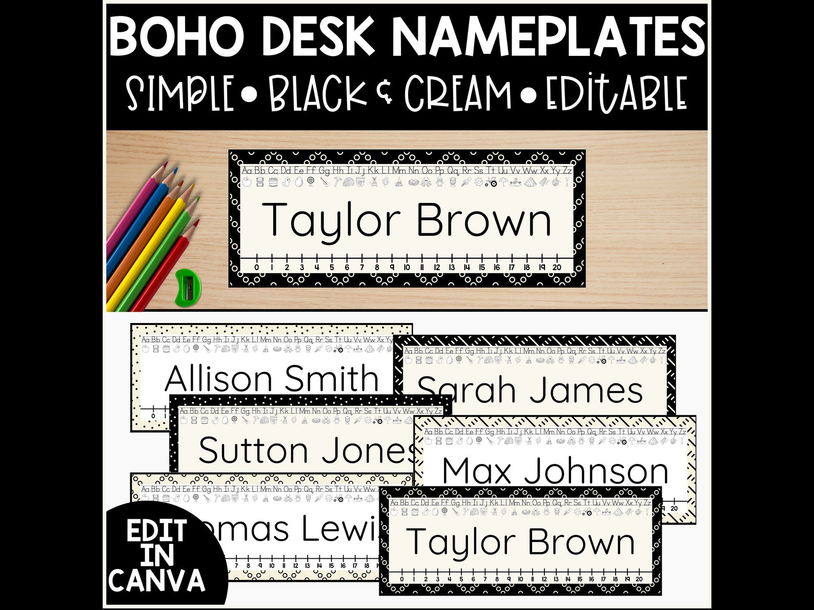 Editable Boho Student Desk Name Plates, Simple Name Tags, Boho ...