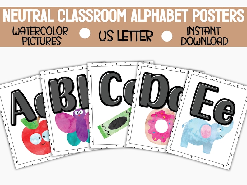 Printable Neutral Classroom Decor, Watercolor Alphabet Classroom ...