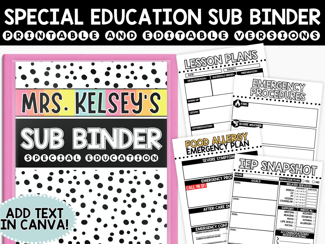 Editable Special Education Sub Binder, Printable SPED Maternity Leave ...
