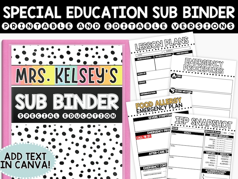 Editable Special Education Sub Binder, Printable SPED Maternity Leave ...