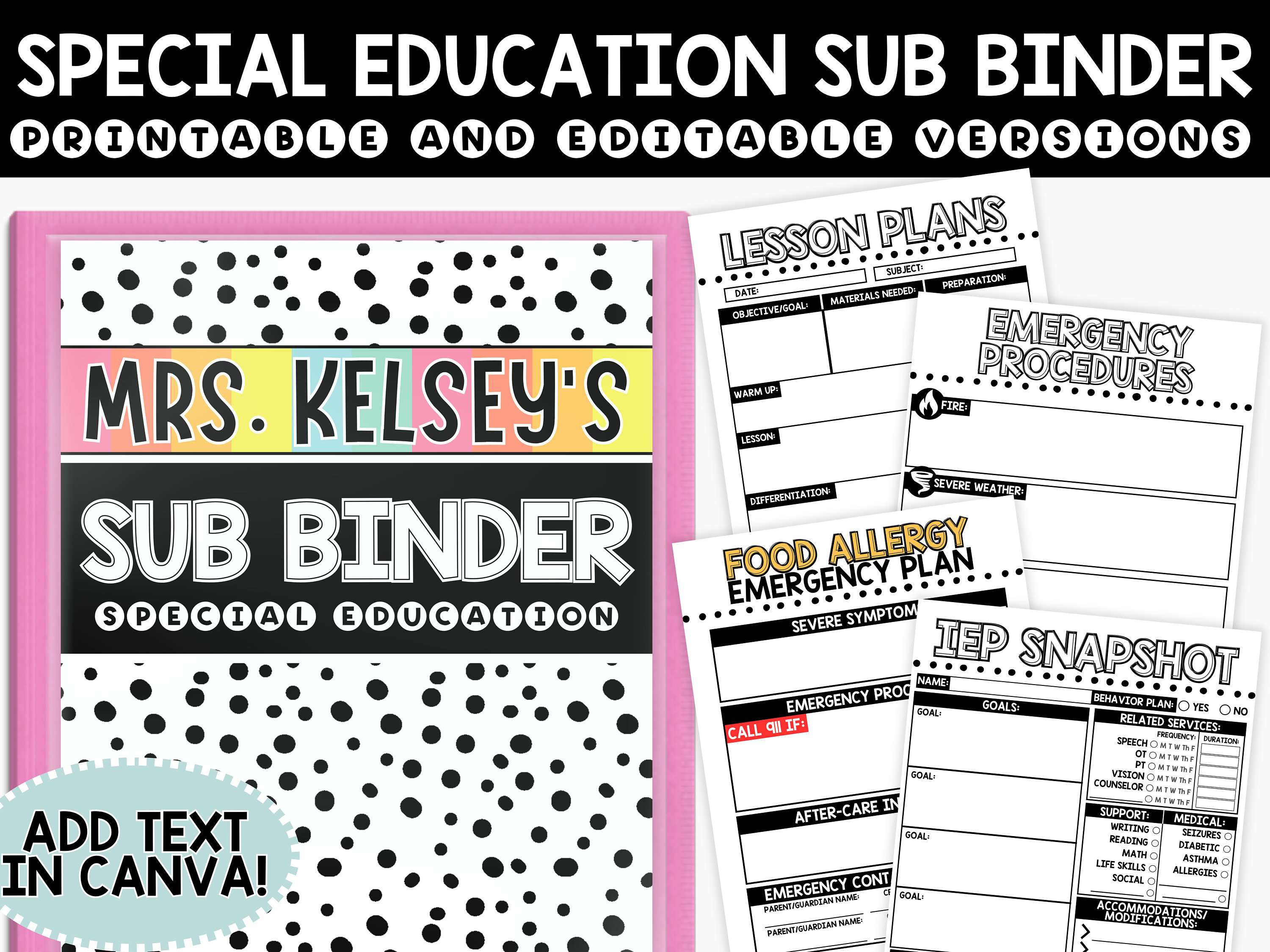 Editable Special Education Sub Binder, Printable SPED Maternity Leave ...