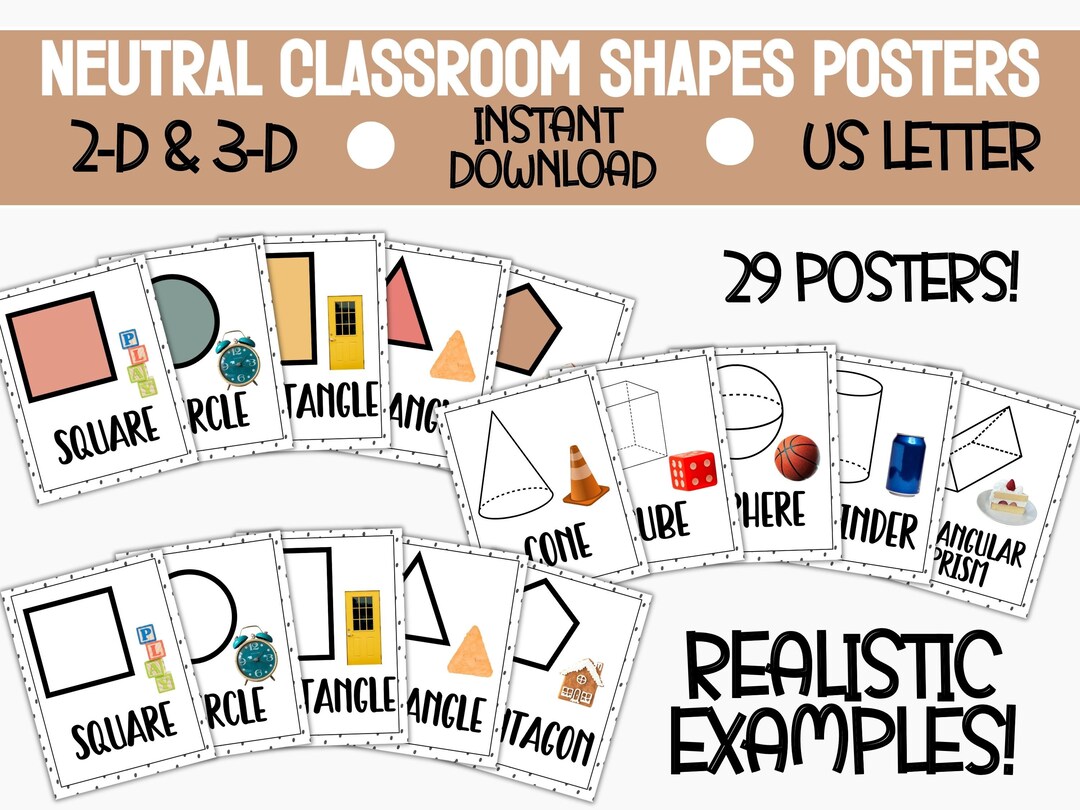 Printable Neutral Classroom Decor, 2-D and 3-D Shapes Classroom Posters ...