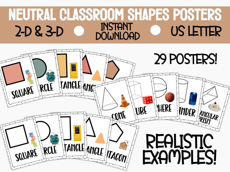 Printable Neutral Classroom Decor, 2-D and 3-D Shapes Classroom Posters ...