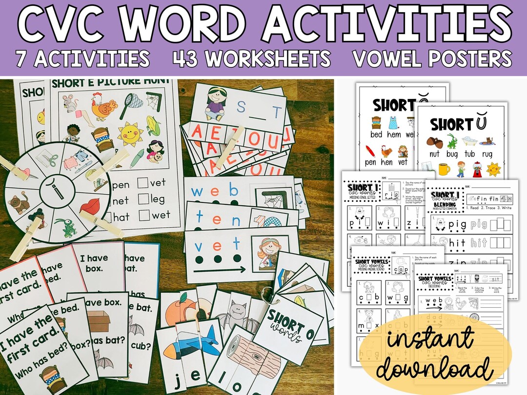 CVC Word Activities Short Vowel Centers Phonics Games for - Etsy