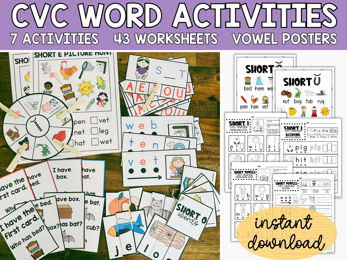CVC Word Activities Short Vowel Centers Phonics Games for - Etsy