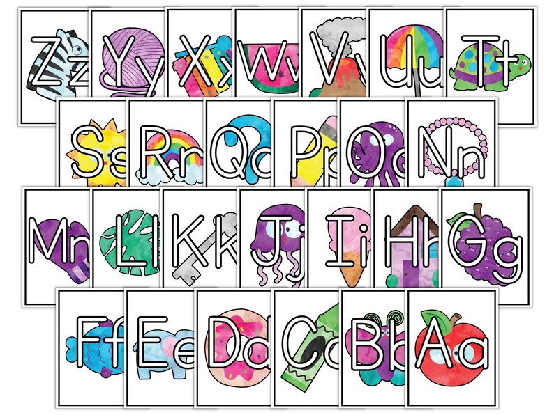 Printable Basic Classroom Decor, Watercolor Alphabet Classroom Posters ...