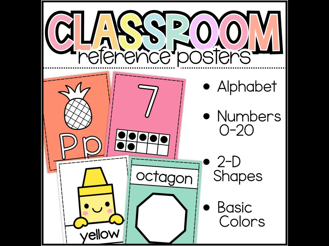 Bright Classroom Decor Reference Posters, Alphabet, Numbers, Colors, 2D ...