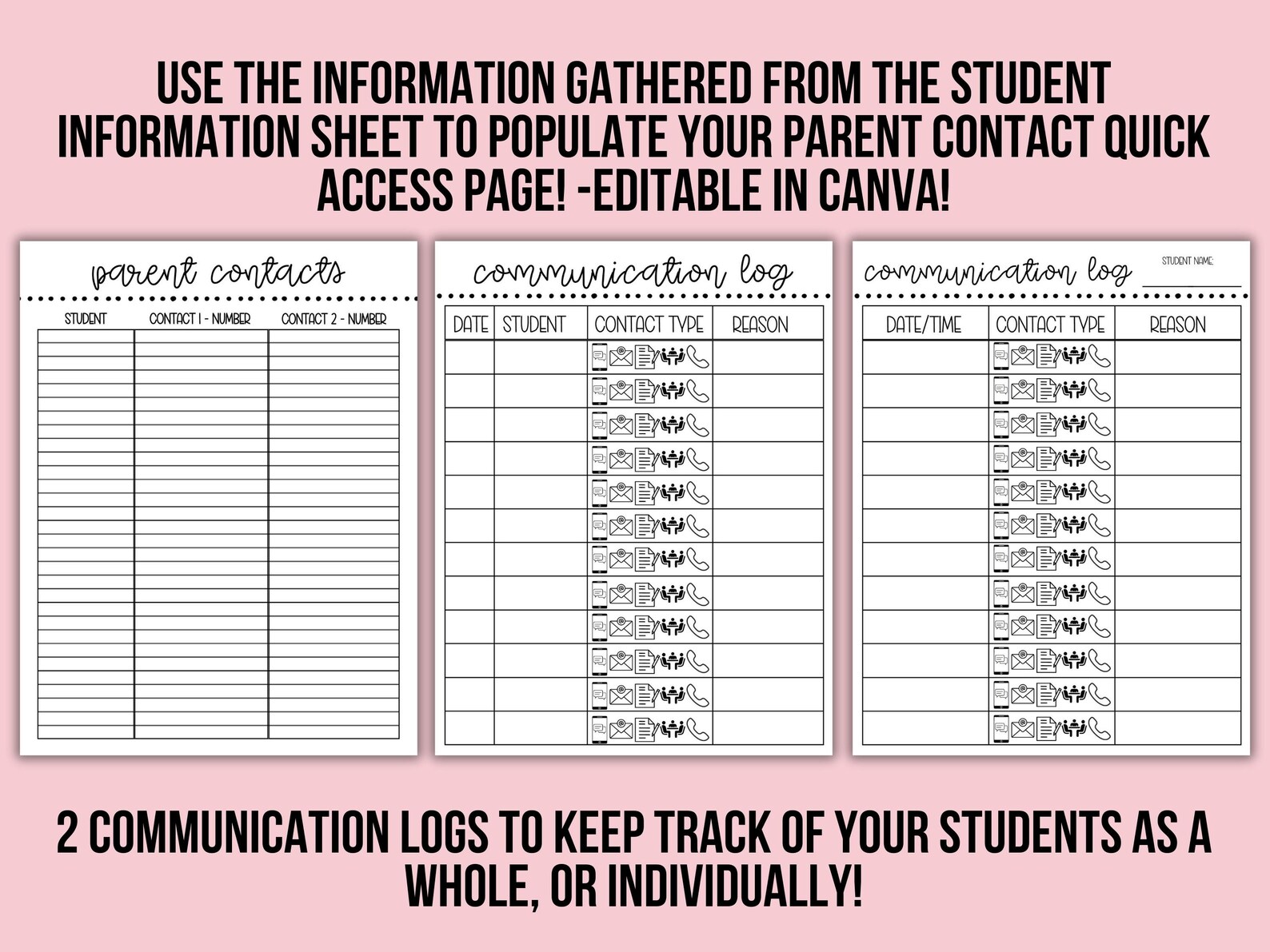 Student Information Parent Contact Log Communication Log - Etsy