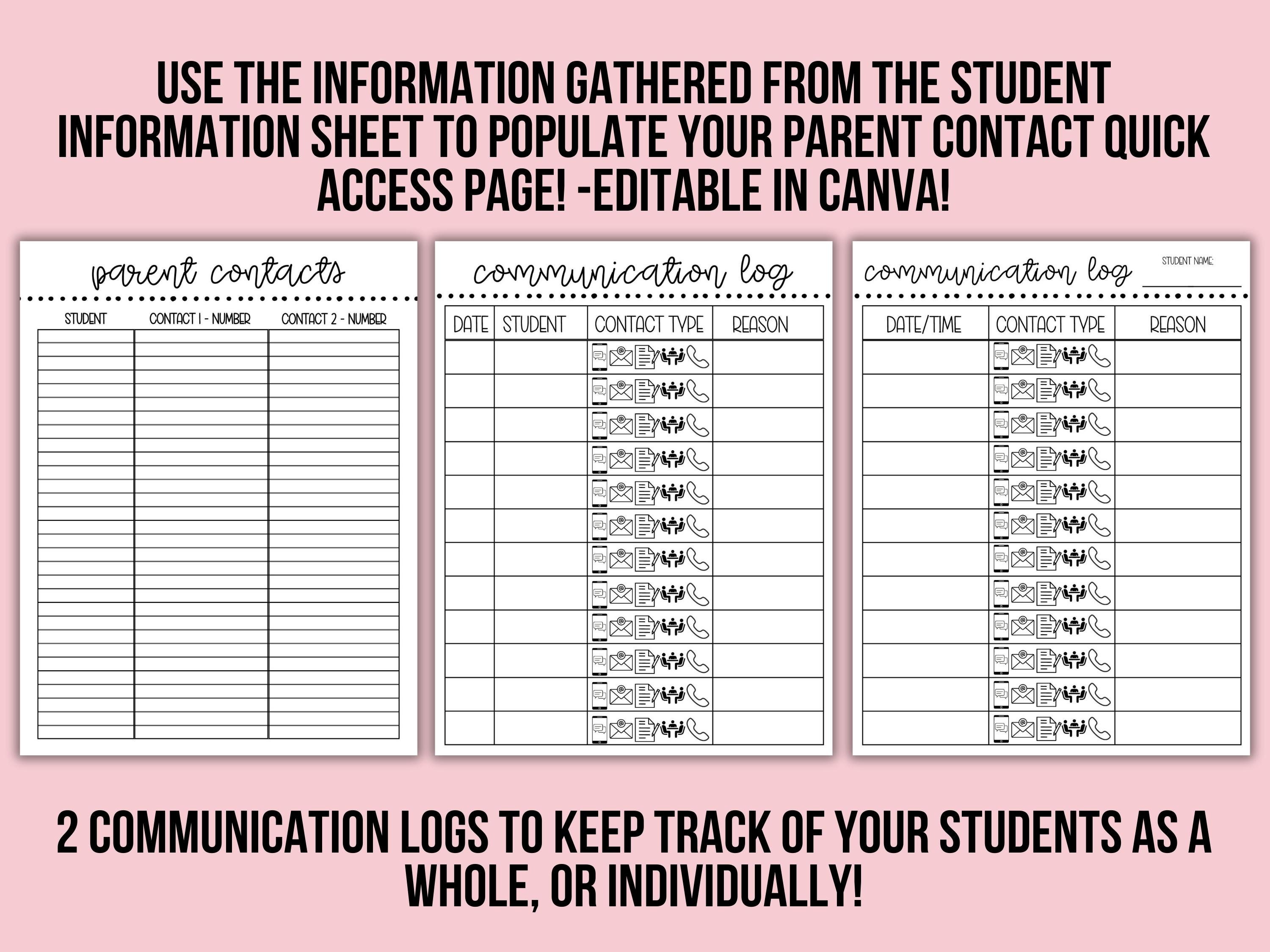 Student Information Parent Contact Log Communication Log - Etsy