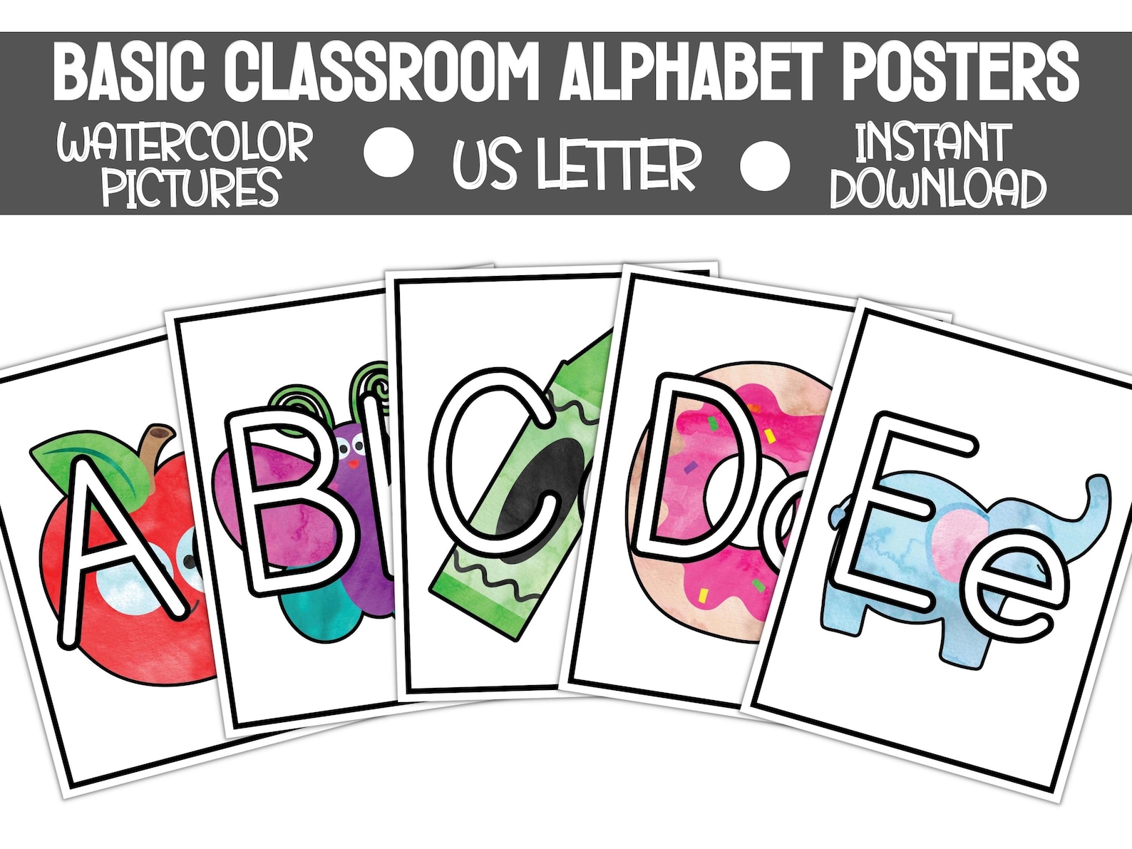 Printable Basic Classroom Decor, Watercolor Alphabet Classroom Posters ...