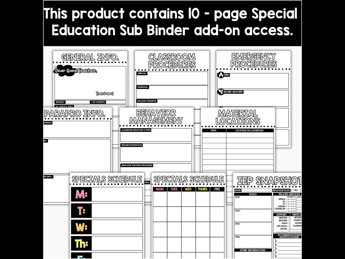 Editable Special Education Sub Binder ADD-ON, Printable Sped Maternity ...