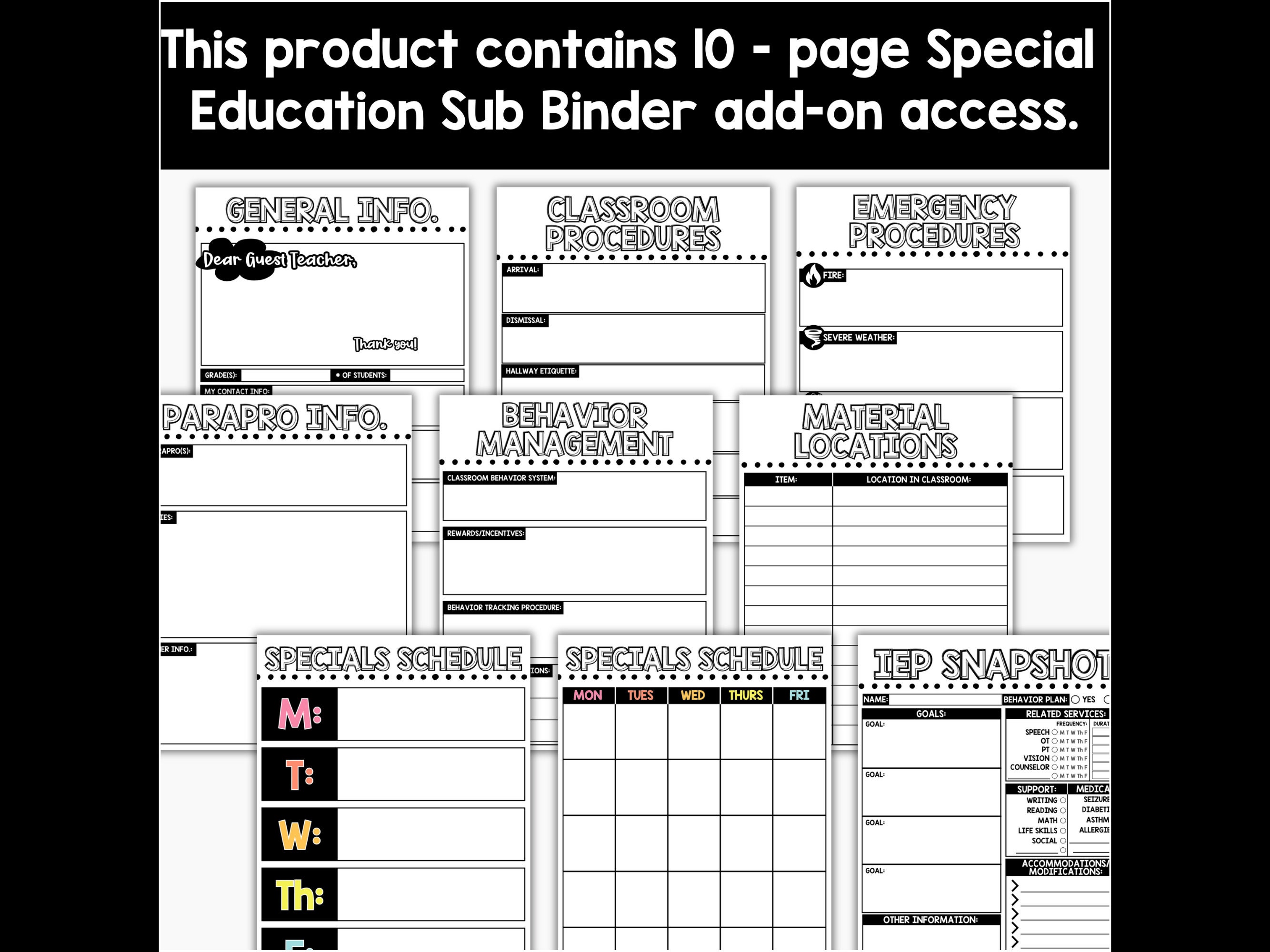 Editable Special Education Sub Binder ADD-ON, Printable Sped Maternity ...