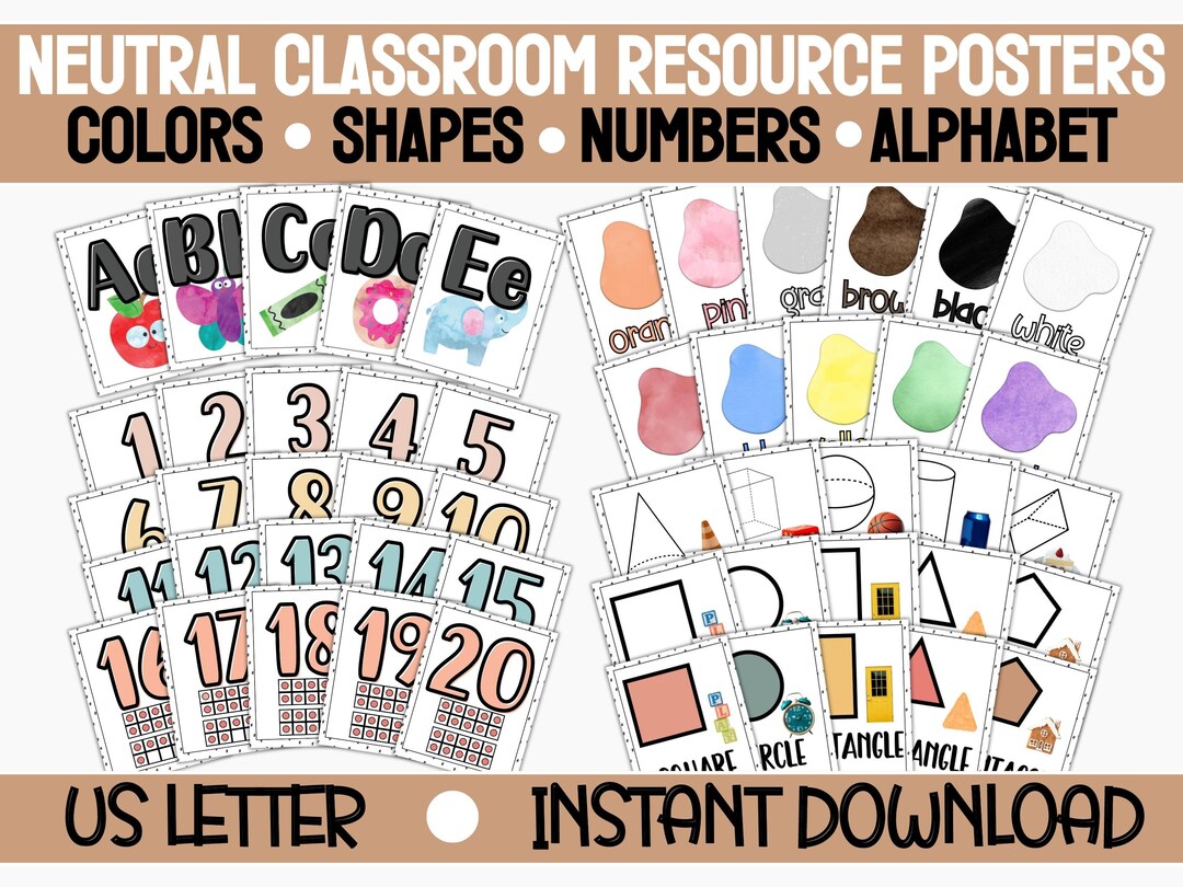 Printable Neutral Classroom Decor, Color Shapes Alphabet Numbers ...