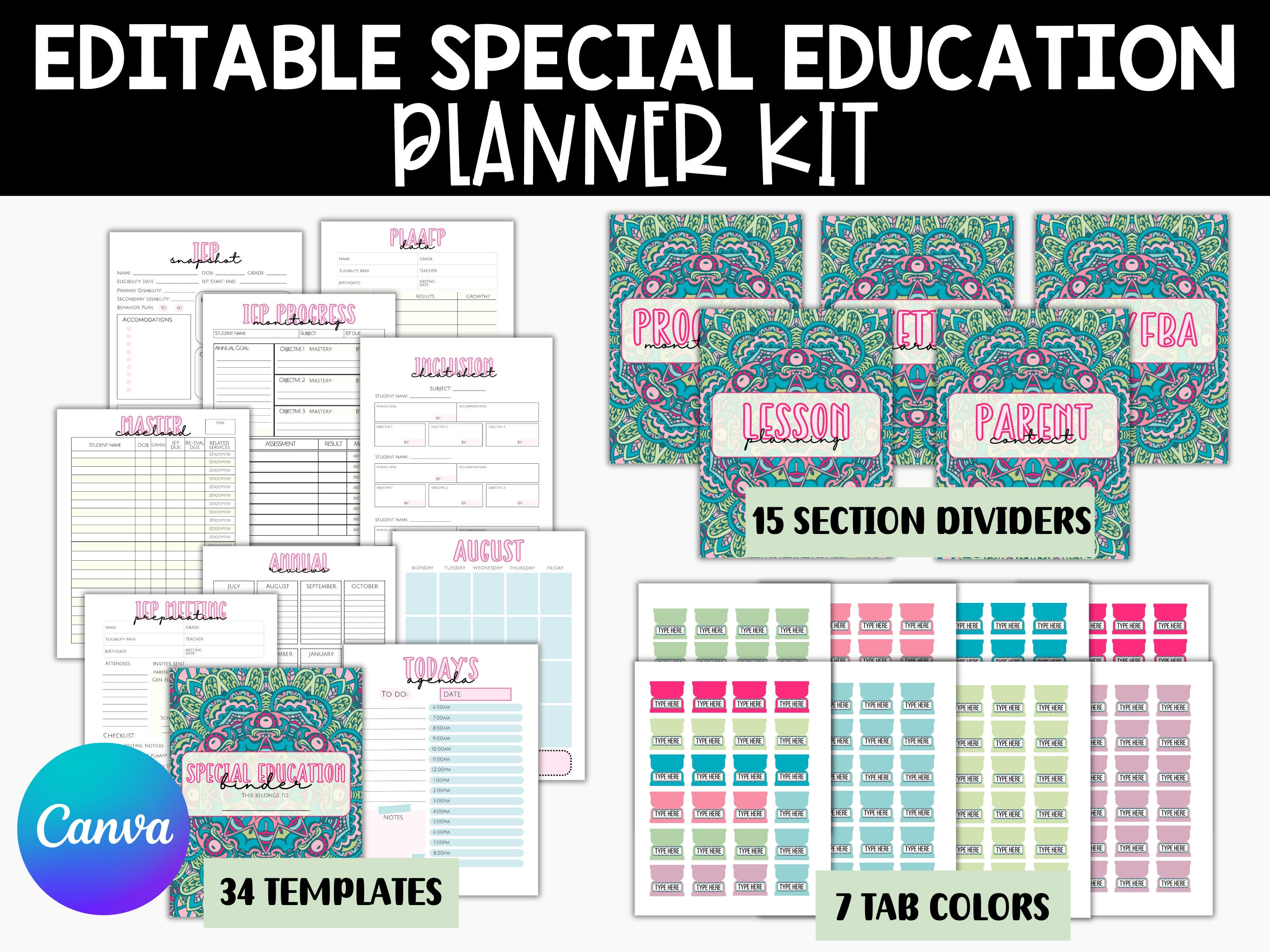 Editable Special Education Planner Binder, Caseload Canva Templates ...